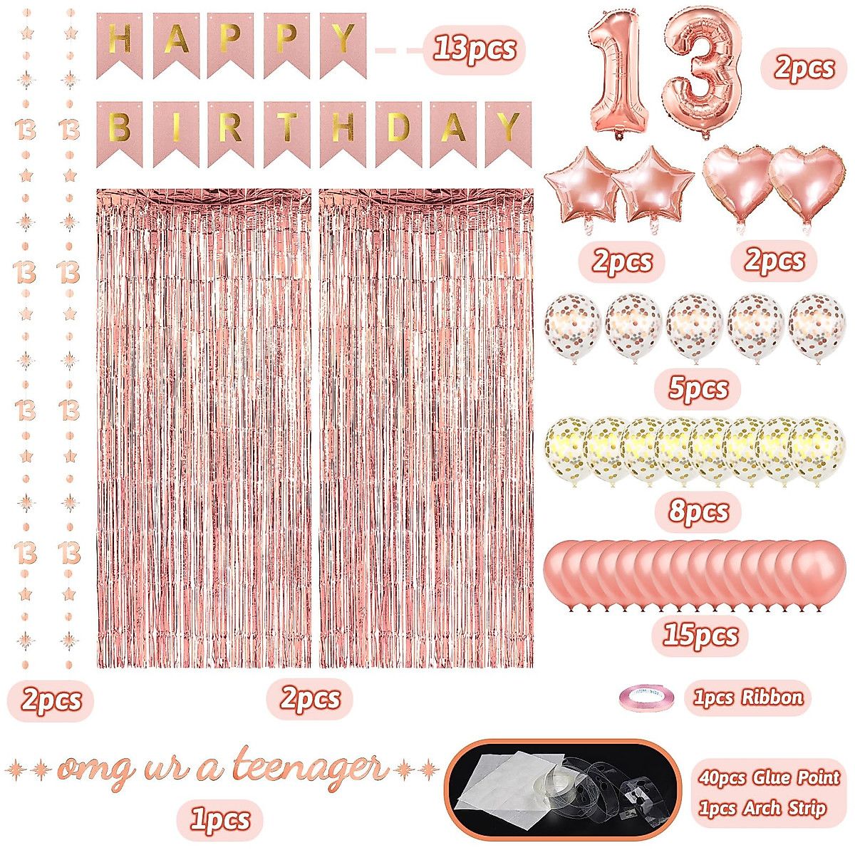 ZERODECO Rose Gold Birthday Party Decorations 13th, Happy Birthday Banner Fringe Curtain 13 Garland Heart Star Foil Confetti Balloons for Women Girls Queen Princess Birthday Party