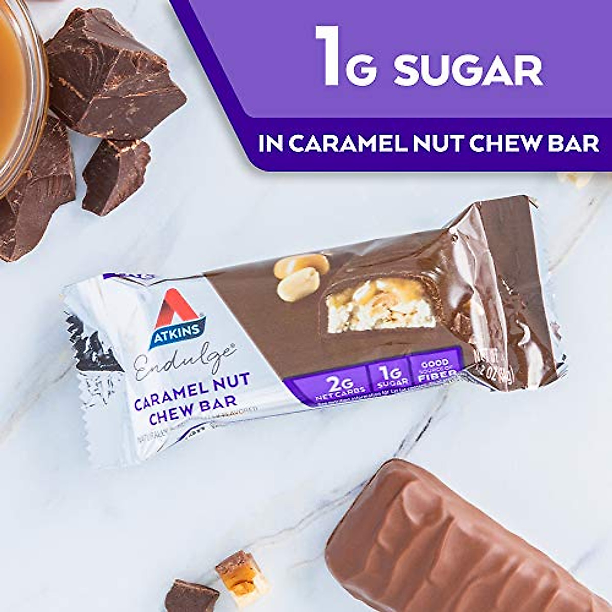 Atkins Endulge Caramel Nut Chew Bar, Dessert Favorite, 1g Sugar, Good Source of Fiber, 5 Count