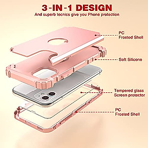 iPhone 11 Case with Tempered Glass Screen Protector,IDweel Hybrid 3 in 1 Shockproof Slim Heavy Duty Protection Hard PC Cover Soft Silicone Rugged Bumper Full Body Case, Rose Gold