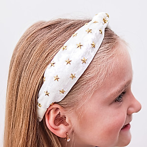 FROG SAC Star Studded White Knotted Headband, Velvet Hair Accessory with Gold Stars for Girls, No Slip Fashion Head Band