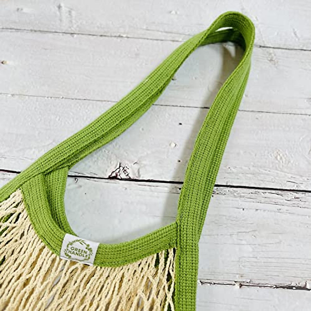 Green Handle US - Mesh Net Bag with Long Shoulder Handle Bag Stretchable Reusable for Grocery Shopping Beach Toys Storage (Green Handle)