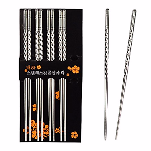 Rbenxia Metal Steel Chopstick Stainless Steel Spiral Chopsticks 8.8 Inches Long Lightweight Chopstick Set Reusable Classic Style for Kitchen Dinner 5 Pairs Silver