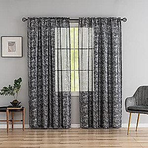ALIGOGO Black and Silver Curtains 84 inches Long Modern Chic Sparkle Sheer Curtains Geometric Metallic Design Sheer Black Curtains for Living Room Dining Room French Door Backdrop 52 x 84 Inch