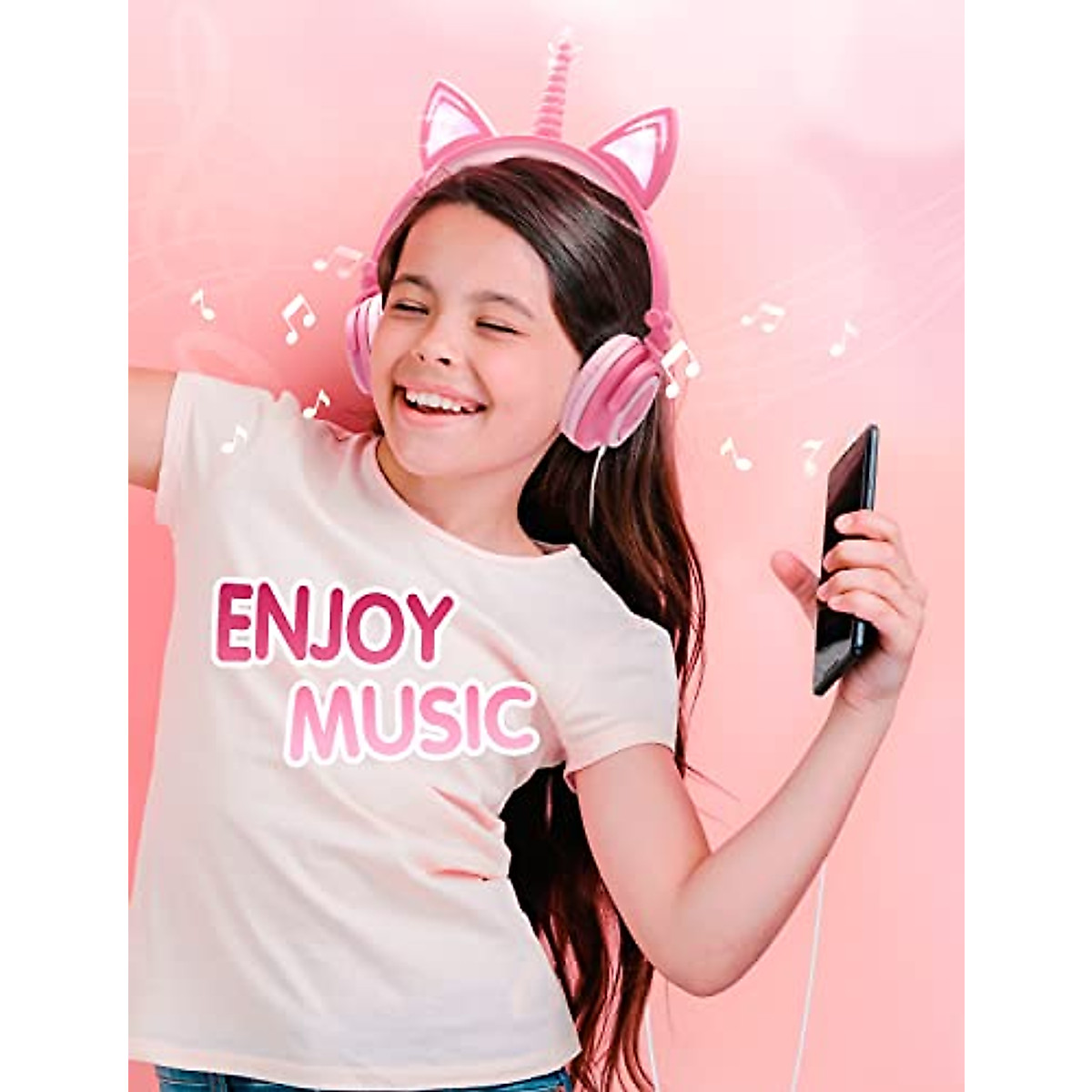 ONTA Unicorn Kids Headphones, Cat Ear LED Light Up Foldable Earphone Wired Over On Ear for Girls Boys,Kids Headband Toddler Tablet for School Supply/Travel/Holiday/Birthday/Cosplay Gifts(Peach)