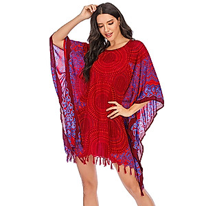 Padaleks Women's Boho Floral Silky Vintage Loose Dress Top Casual Crew Neck Baggy Kaftan Dresses Beach Cover up
