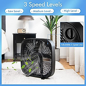 Tangkula 3-Speed Box Fan, 20 inch Floor Fan for Full-Force Circulation with Air Conditioner, 3 Settings, Adjustable Dial, Carrying Handle, Portable Floor Fan for Home, Compact & Lightweight (Black)