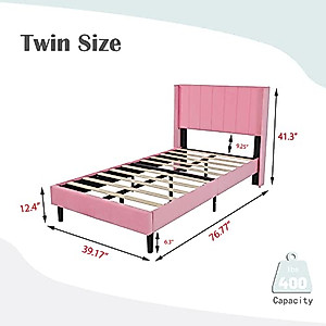 Gruwans Upholstered Bed Frame Twin with Wingback Headboard/No Box Spring Needed/Wooden Slat Support/Easy Assemble/Pink
