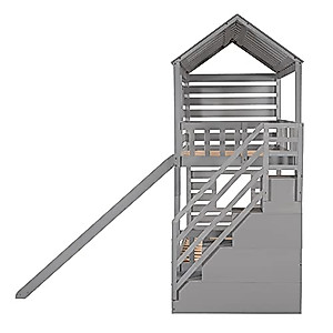 POCIYIHOME Twin Over Twin House Bunk Bed with Trundle and Slide & Storage Staircase, Roof Design with Window for Kids,Teens,Girls,Boys Bedroom, Space-Saving Design, No Box Spring Needed, Gray