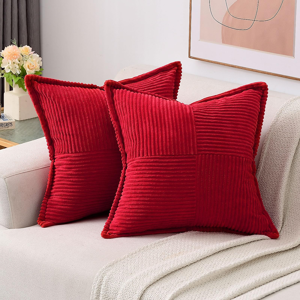 HAUSSY Red Large Decorative Throw Pillow Covers 26x26 Inch Set of 2,Soft Solid Corduroy Striped Cushion Case,Square Euro Pillow Shams,Winter Home Decorations for Couch,Bed