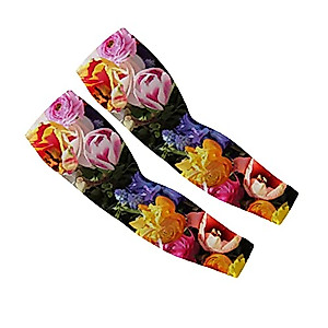 Women UV Sun Protection Arm Sleeves 1 Pair, Sun-protective Cooling Sleeves Bright Spring Flowers, Arm Cover Shield for Men Cycling Golf Hiking Running Outdoor Sports L
