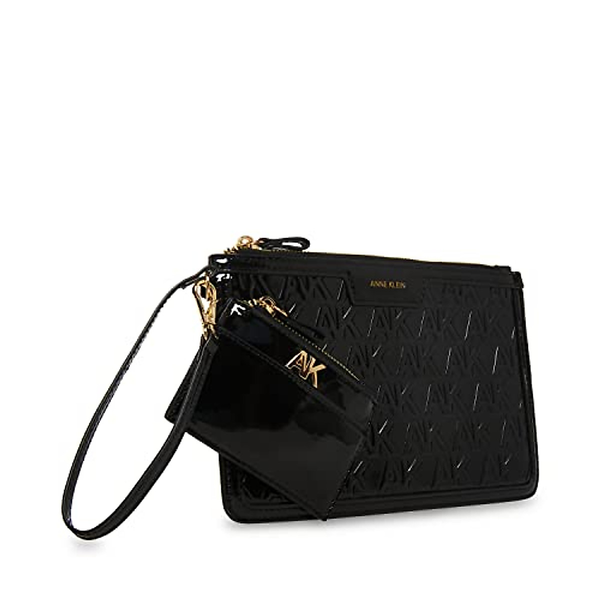 Anne Klein AK Embossed Pouch Set in Patent, Black