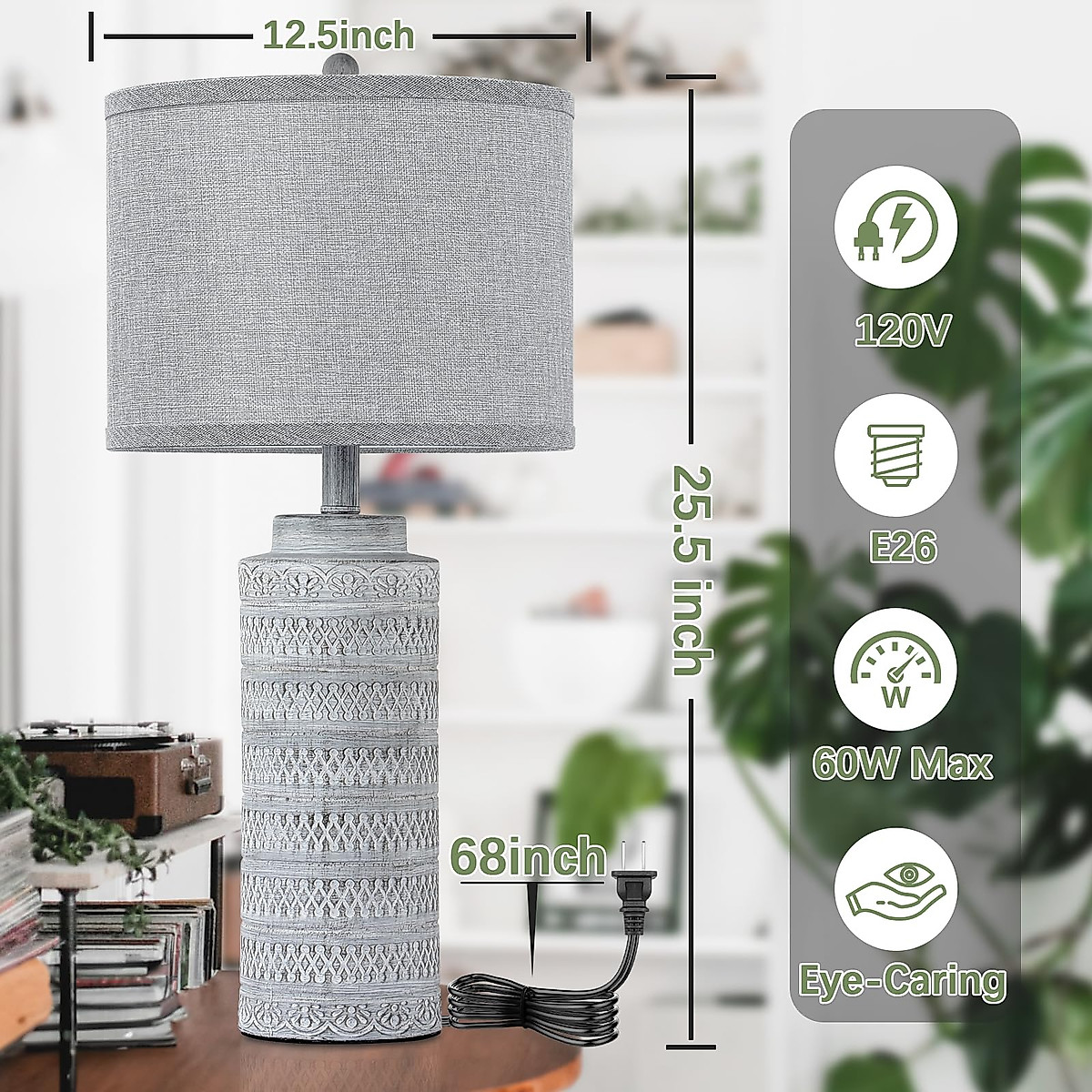 Set of 2 Ceramic Table Lamps, Modern 25.5”Tall Bedside Lamps with Grey Fabric Shade, Farmhouse Desk Lamps with Rotary Switch, Vintage Nightstand Lamps for Bedroom Living Room Home Office Study Hotel