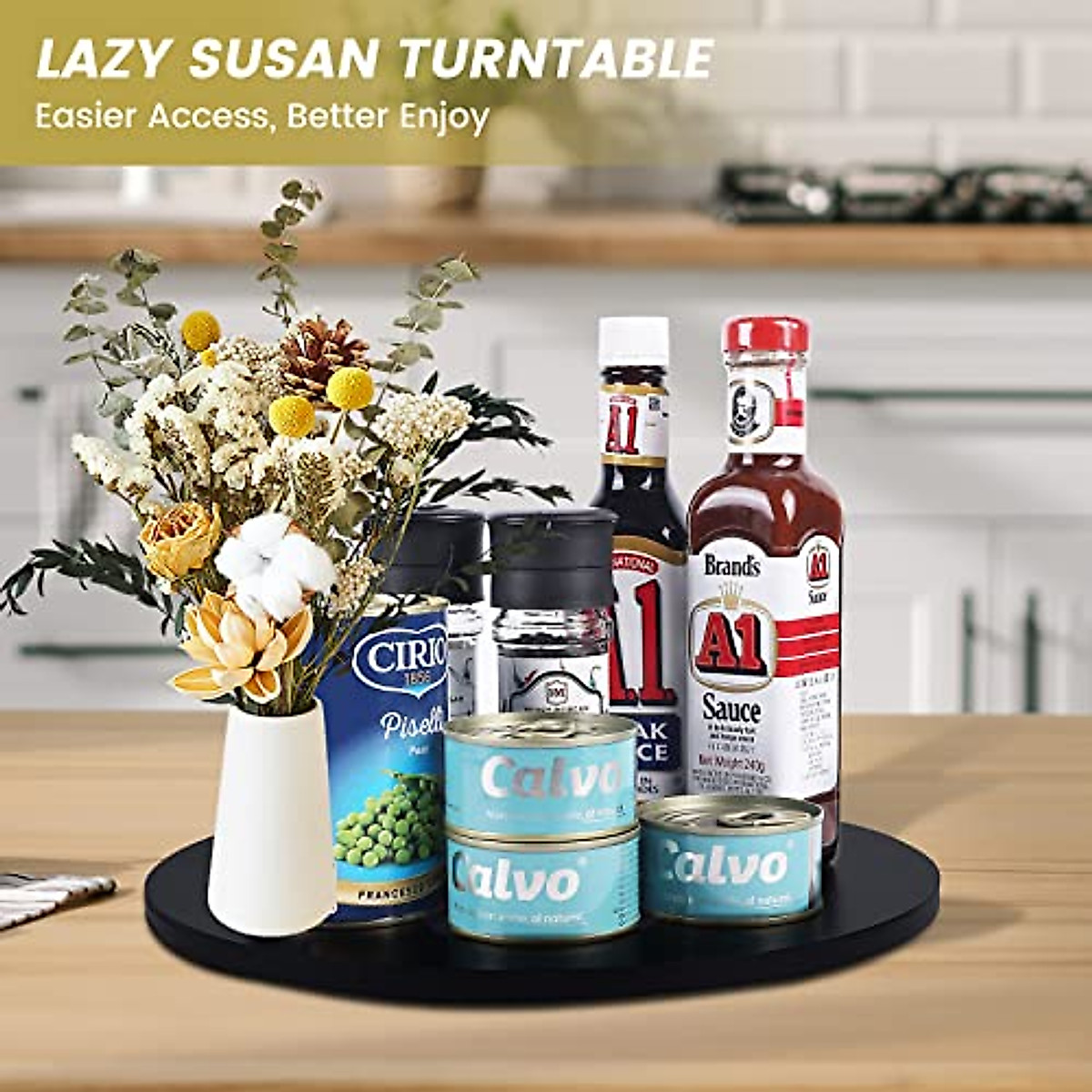 Lazy Susan Kitchen Cabinet Organizer - 12" Bamboo Lazy Susan Turntable for Cabinet Pantry Table or Countertop Organization and Storage, Black