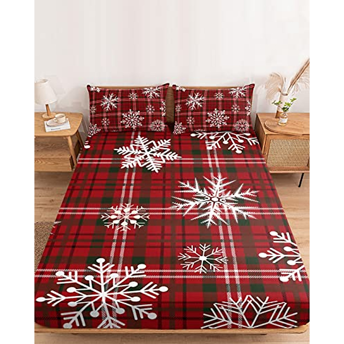 Christmas Fitted Bed Sheet Full Size,Winter Snowflake Soft Bottom Sheet with Pillow Case,Green Red Tartan Plaid Fitted Sheet Bedding Set for Mattress Fit 5"-16" Deep Pockets