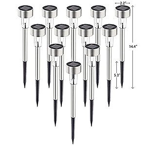 GIGALUMI Solar Pathway Lights 12 Pack, Stainless Steel IP44 Waterproof Auto On/Off Outdoor LED Pathway Landscape Solar Lights for Garden, Yard, Patio, Path and Walkway. (Cold White)