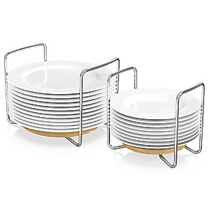 Bamboo Plate Holders for Dinner Plates, 2 Pack Adjustable Stainless Steel Plate Dish Rack Organizer with Portable Handle for Kitchen Drawer, Countertop, Cabinet, Shelf, Cupboard (Small and Large)