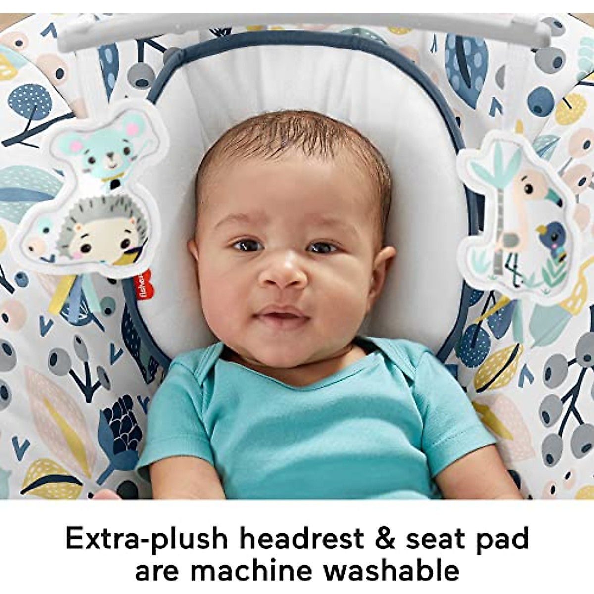 Fisher-Price See & Soothe Deluxe Bouncer – Navy Foliage, Portable Baby seat with Vibrations, Music and Sounds