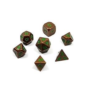 Druid Forge Metal Dice Polyhedral Set of 7 Chaotic Copper D&D RPG Ancient Copper with Green Numbers