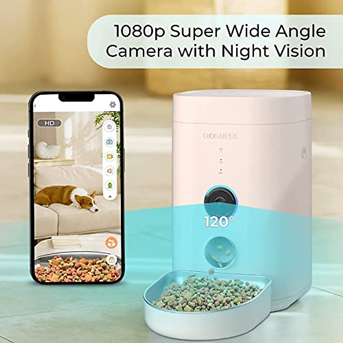 DOGNESS Automatic WiFi Dog/Cat Smart Camera Feeder - 6.5Lbs Large Capacity App Control Food Dispenser with WiFi, Portion Control, Voice Recording, Camera, Timer Programmable (4L Pink)