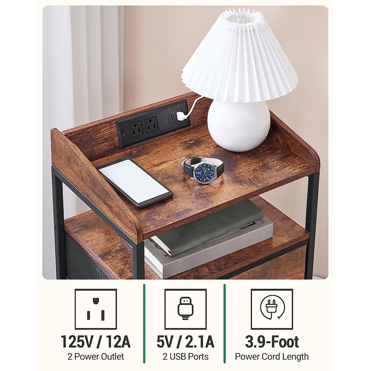 Hzuaneri Nightstands with LED Lights and Charging Station, End Table with 3 Fabric Storage Drawers and Shelves, Modern Side Table, Bedside Tables for Bedroom, Set of 2, Rustic Brown NS31101B