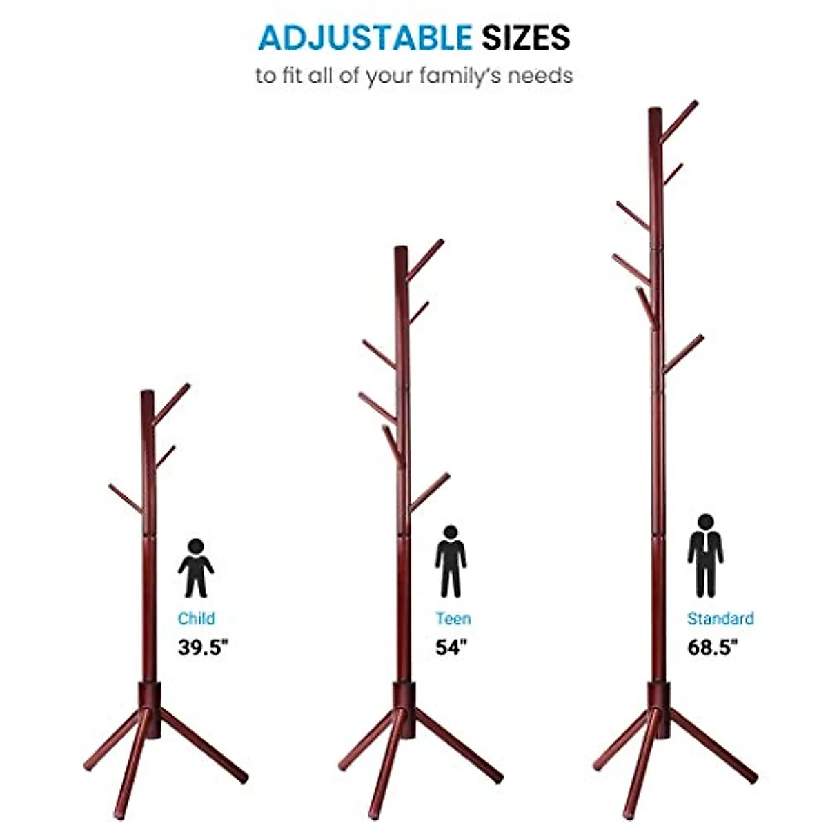 ZOBER Coat Rack Free Standing - Wooden Coat Tree W/ 6 Hooks - Coats, Purses, Hats - Adjustable Sizes, Easy Assembly - Cherry