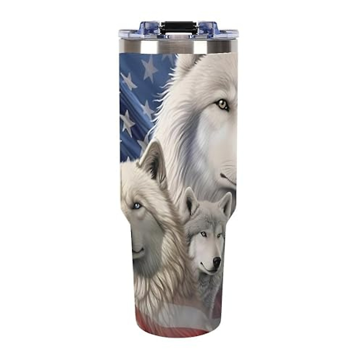 Patriotic Wolves 40 Oz Stainless Steel Cup Travel Tumbler with Handle and Straw Lightweight Coffee Mug for Home Office