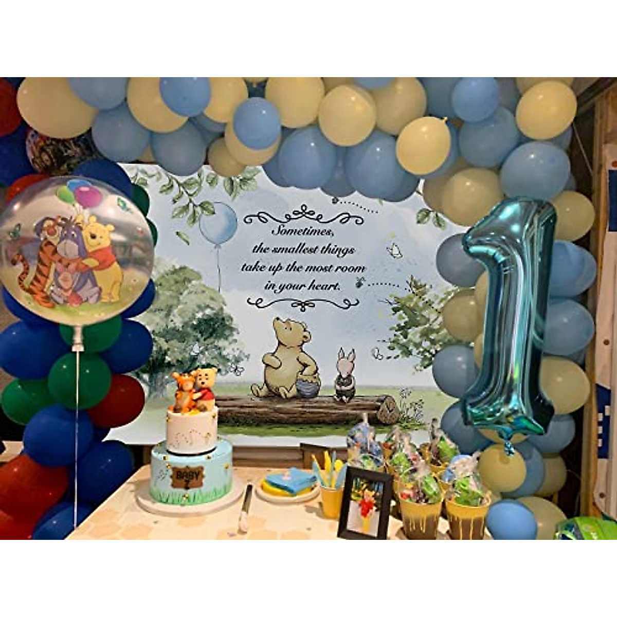 Classic Cartoon Bear Backdrop Boys Birthday Party Blue Balloon Pooh Friend Photograph Backdrop Cartoon Bear Birthday Baby Shower Decoration Background