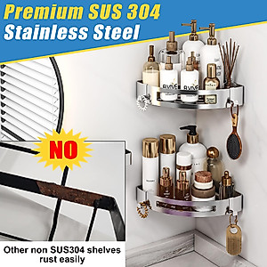 VINIUSIKI Corner Shower Caddy Shelves with Soap Holder & 4 Hooks,SUS304 Stainless Steel Kitchen Organizer, Adhesive & Drilling Wall Mounted Racks for Bathroom & Kitchen & Home Decor, 3-Pack