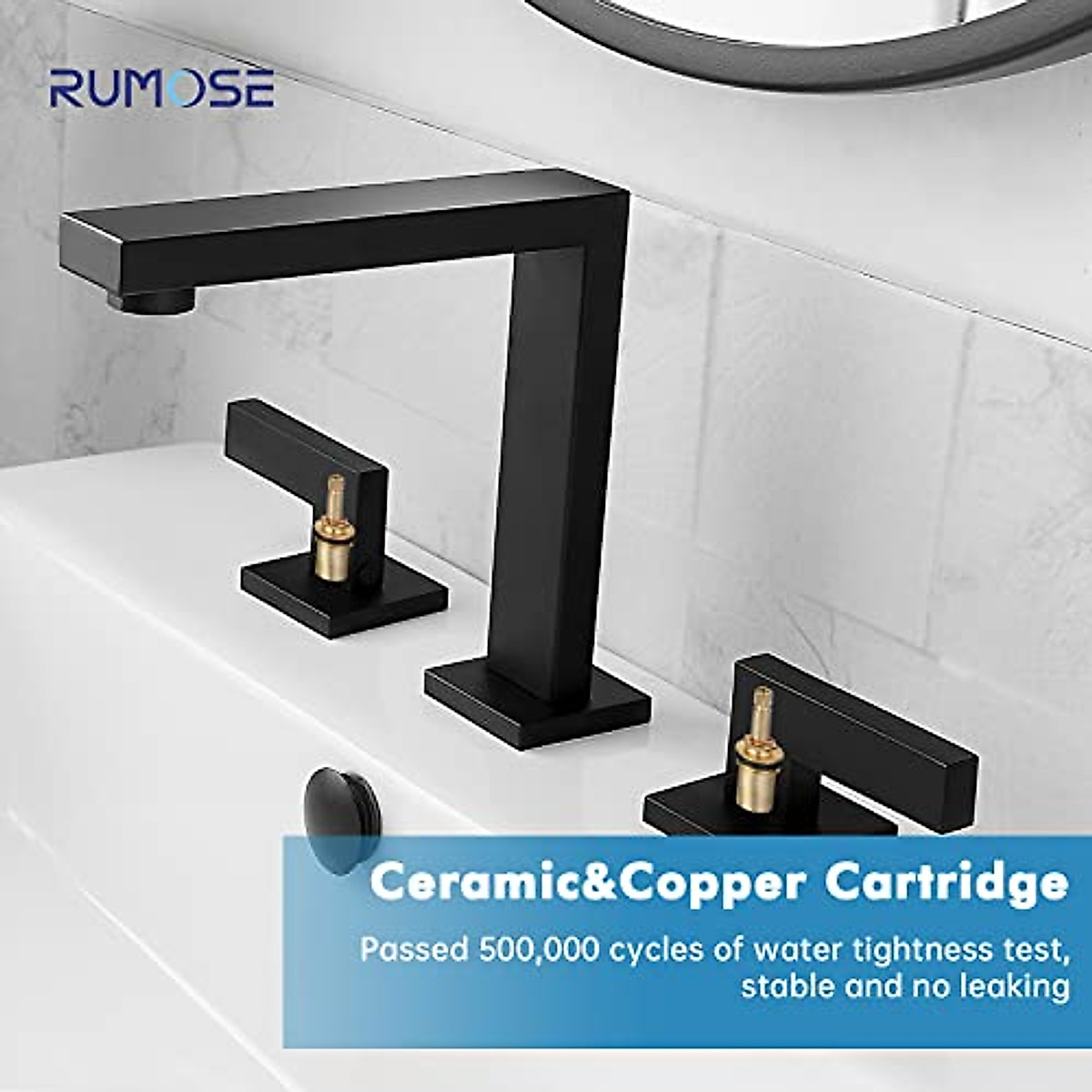 RUMOSE 8 inch Widespread Matte Black Bathroom Faucets for Sink 3 Hole Brass 2 Handle Lavatory Square Faucet Modern rv Bathroom Faucets