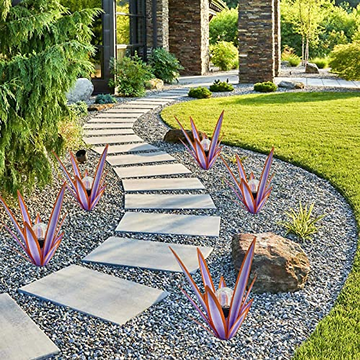 menoha 2 PCS Tequila Rustic Sculpture,Rustic Hand Painted Metal Agave Plant,DIY Metal Plant Garden Yard Sculpture,Lawn Home Ornaments Stakes Outdoor Decor Garden (Purple++Ball)