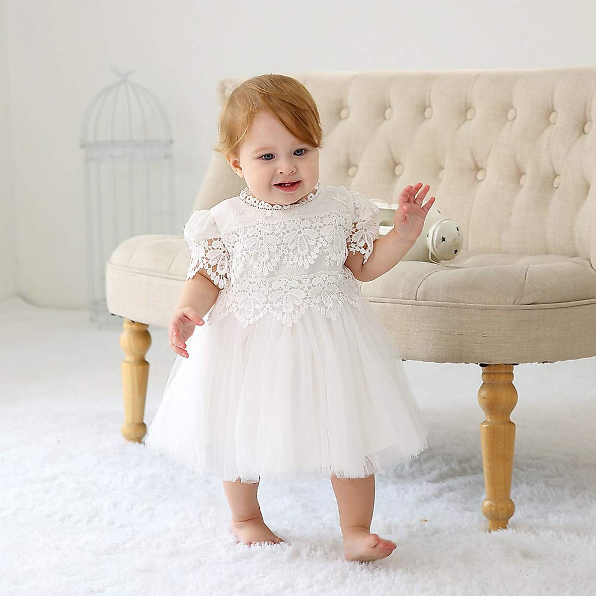 Meiqiduo Baby Girl Dress Christening Baptism Gowns Flower Girl Formal Dresses (3M/0-6Months, Ivory)