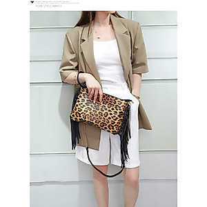 Leopard Print Purse Fringe Clutch Tassel Cheetah Women Wristlet Crossbody Envelope Evening Chain Bag