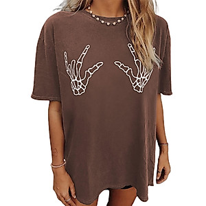 Avanova Women Skull Print Graphic Oversized Tees Vintage Skeleton Hands Loose Fit T Shirt Brown Small