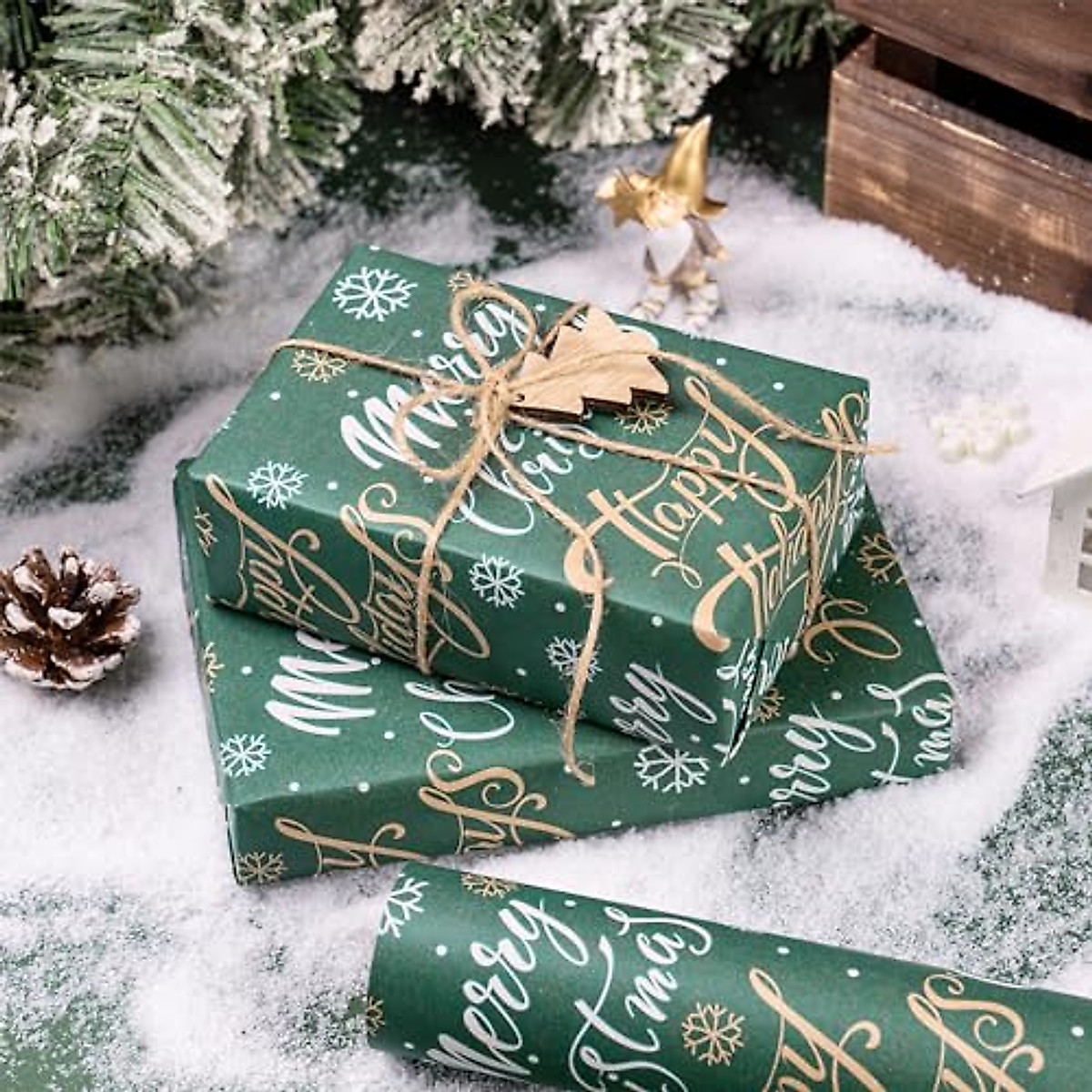 RUSPEPA Kraft Christmas Wrapping Paper Roll - Mini Roll - Green White Gold Greeting Design for Holiday Gift Wrap - 17 Inches X 32.8 Feet