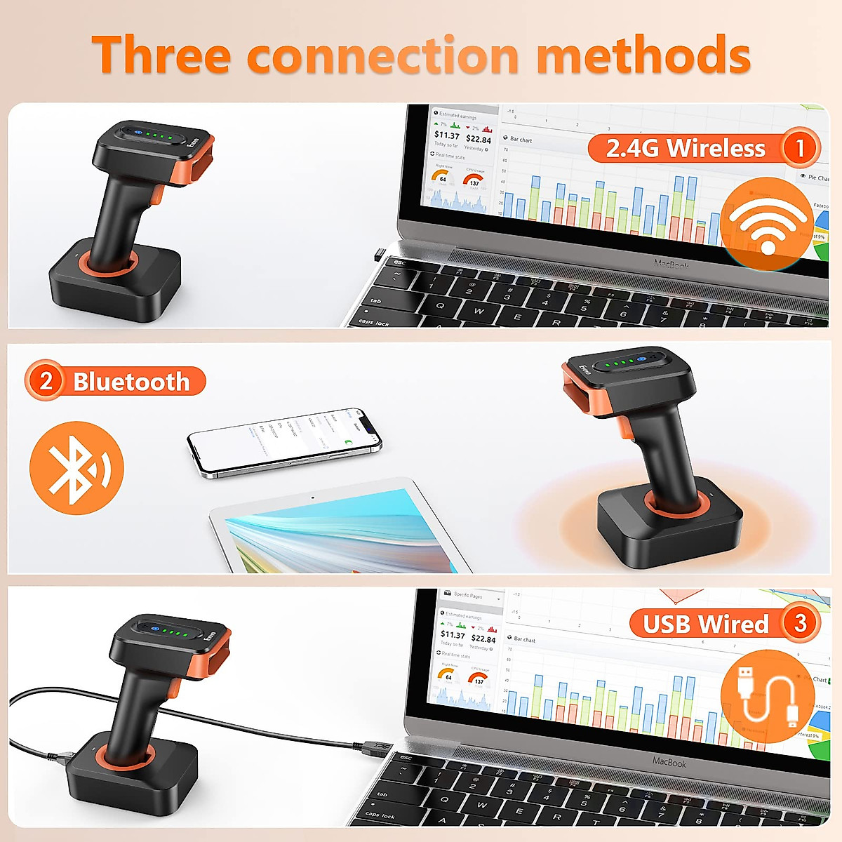 Eyoyo 2D QR Wireless Barcode Scanner, 3 in 1 Bluetooth & USB Wired & Wireless 1D 2D QR Barcode Reader, 2500mAh Cordless Bar Code Scanner for PC, iPhone, iPad, Tablets