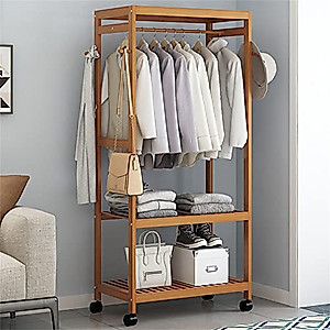 YXDFG Bamboo Garment Coat Clothes Hanging Heavy Duty Rack,Portable Rolling Garment Rack with Wheels, with Top Shelf and Shoe Clothing Storage Organizer Shelves,Dark,59×35×165cm