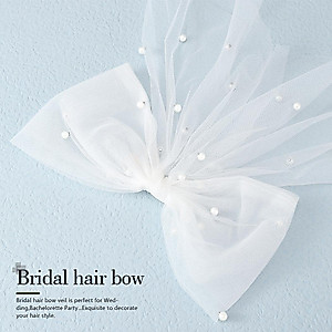 JEAIRTS Bridal Hair Bow Veil Pearl Wedding Hair Piece White Tulle Bow with Clip Bachelorette Party Hair Accessories for Women (Style 1)