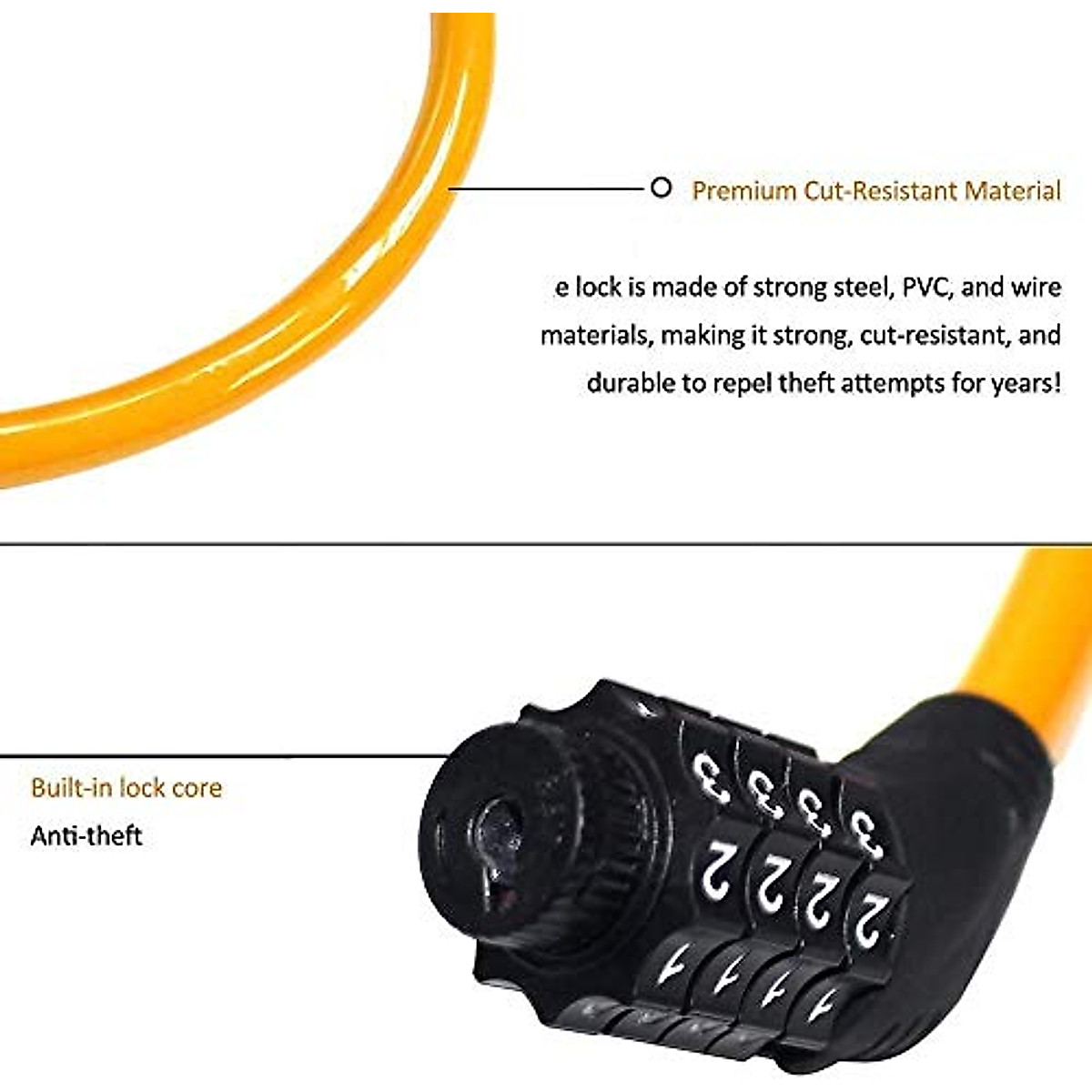 Sanwo Security Bike Lock 4 Digit Resettable Combination Cable Lock for Bicycle, 2 Feet x 1/2 Inch (Orange)