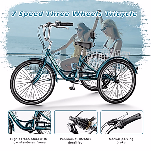 NAIZEA Adult Tricycle, 7 Speed Three Wheel Cruiser Bike, 20/24/26 inch Adult Trikes 3 Wheel Bikes with Large Basket for Seniors, Adults, Women, Men, Multiple Colors