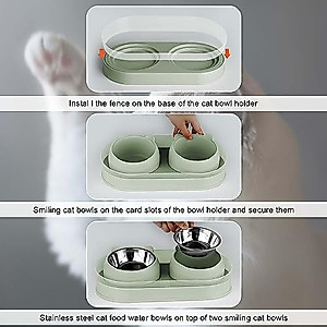 KEVIDEAWL Elevated Cat Food Bowls, Raised Cat Bowl with Stand Stainless Steel, Tilted Cat Bowls Anti Vomiting, Double Cat Food and Water Bowl Set for Cats (Green)