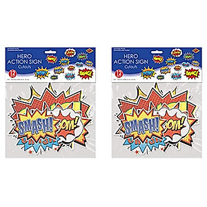 Beistle Hero Action Sign Cut Outs 24 Piece Comic Decorations Birthday Party Supplies 6” – 12.5”, Multicolored