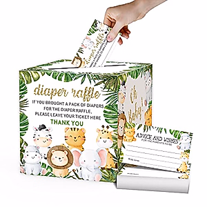 Diaper Raffle Tickets and Advice Cards For Baby Shower - 1 Card Collection Box & 50 Tickets, Jungle Animal Baby Shower Card Box, Party FavorsDecorationsSupplies, Game Kit, 8" Card Box -006BOX