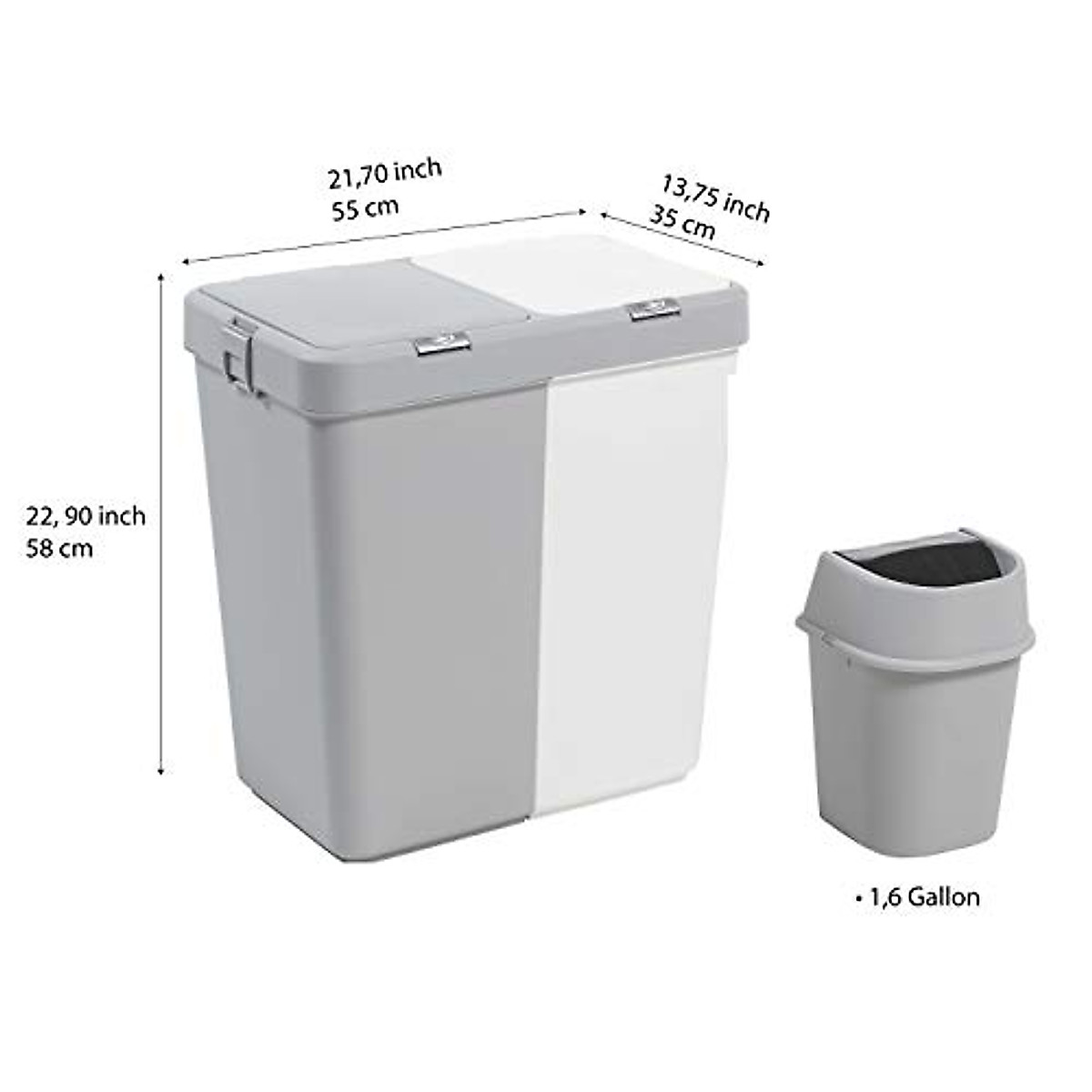 Mabel Home Plastic Laundry Hamper with Lid, 2 sections, Large Laundry Basket – Extra Trash Bin (1,6 Gallons) inc. & 3 Colour (White-Grey)