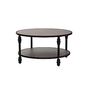 IDEALHOUSE Round Coffee Table for Living Room Rustic Center Table with Storage Shelf Wood Circle Coffee Table with Sturdy Metal Legs, Easy Assembly