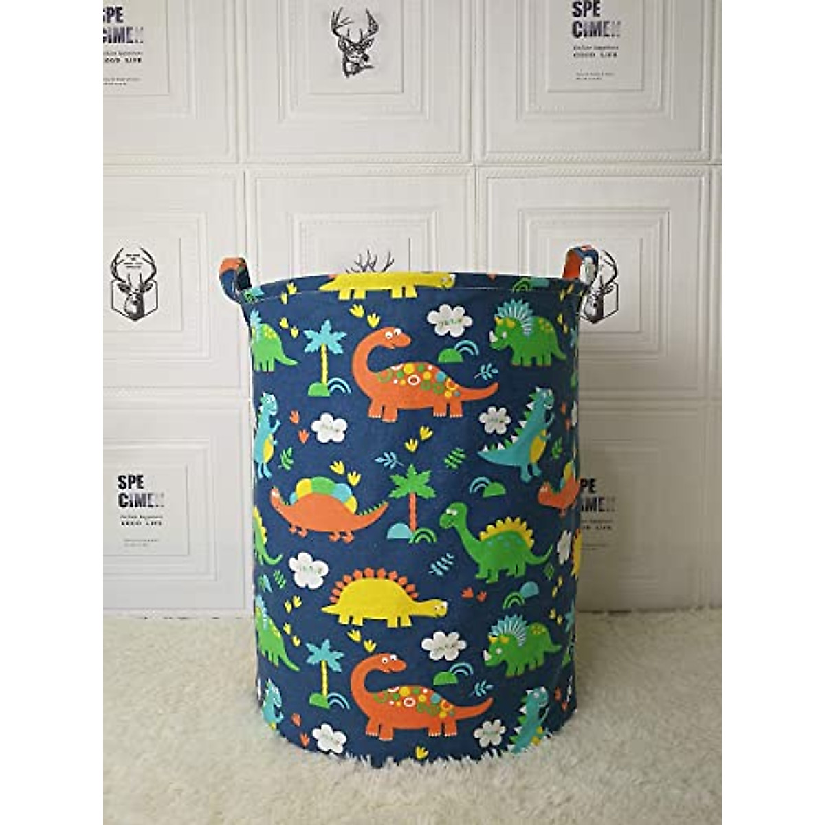 ACMUUNI Round Canvas Clothes Basket Laundry Hamper dark blue dinosaur