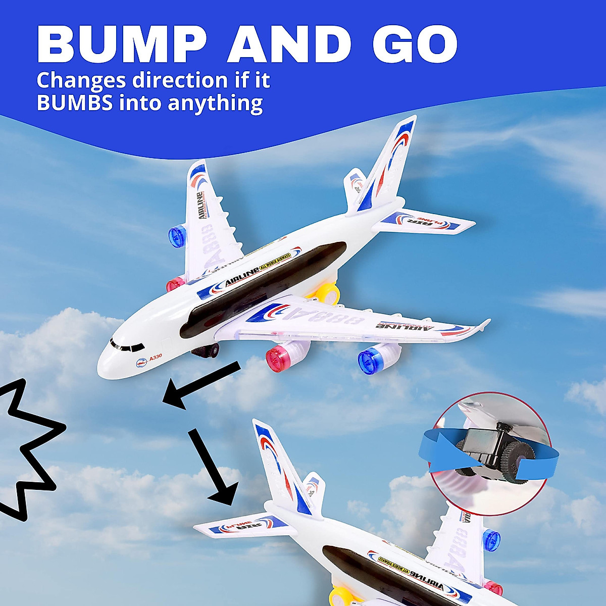 Bump & Go Airplane Toy for Kids - Battery-Operated Toys, Passenger Big Plane with LED Lights & Music, Model Replica Airplanes for Boys - Planes for 3 Year-Old Children & Above