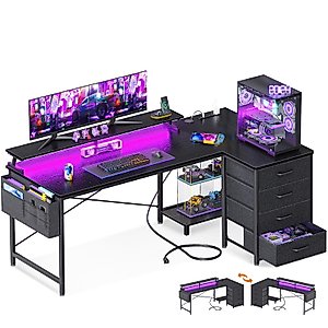 ODK 55-Inch L Shaped Gaming Desk with LED Lights & USB Power Outlets, Reversible Computer Desk with 4 Drawers, Corner Gamer Desk with CPU Shelf & Monitor Stand, Gaming Table for Bedroom, Black