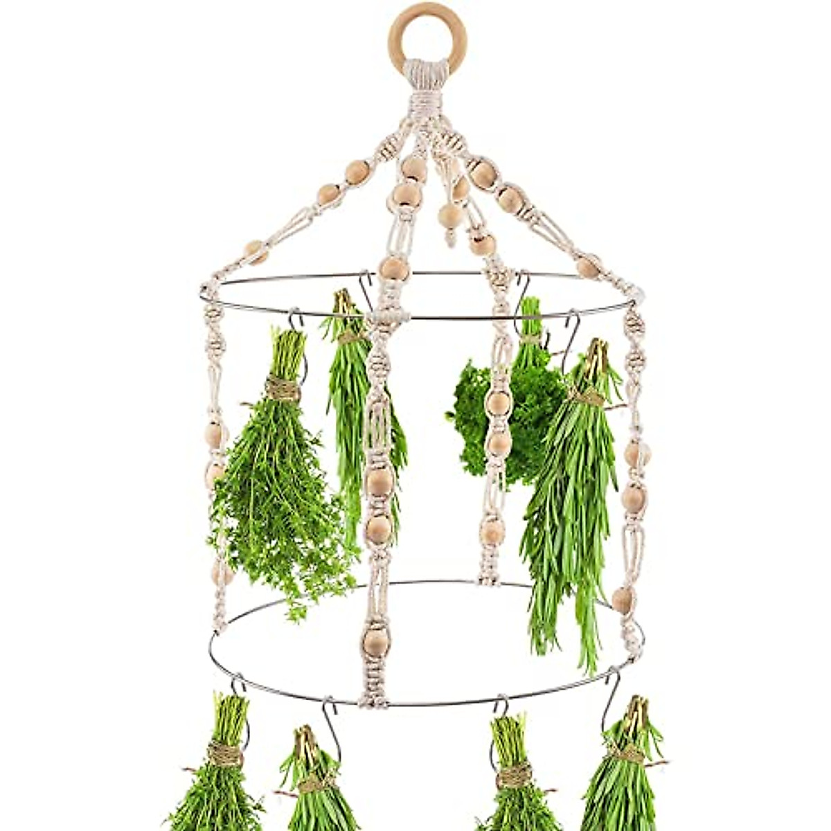 Gecorid Boho Drying Rack | Macrame Flower Drying Rack with 15 Hooks - Kitchen Decor Dryer Hangers for Drying Air Plants Spices Flowers