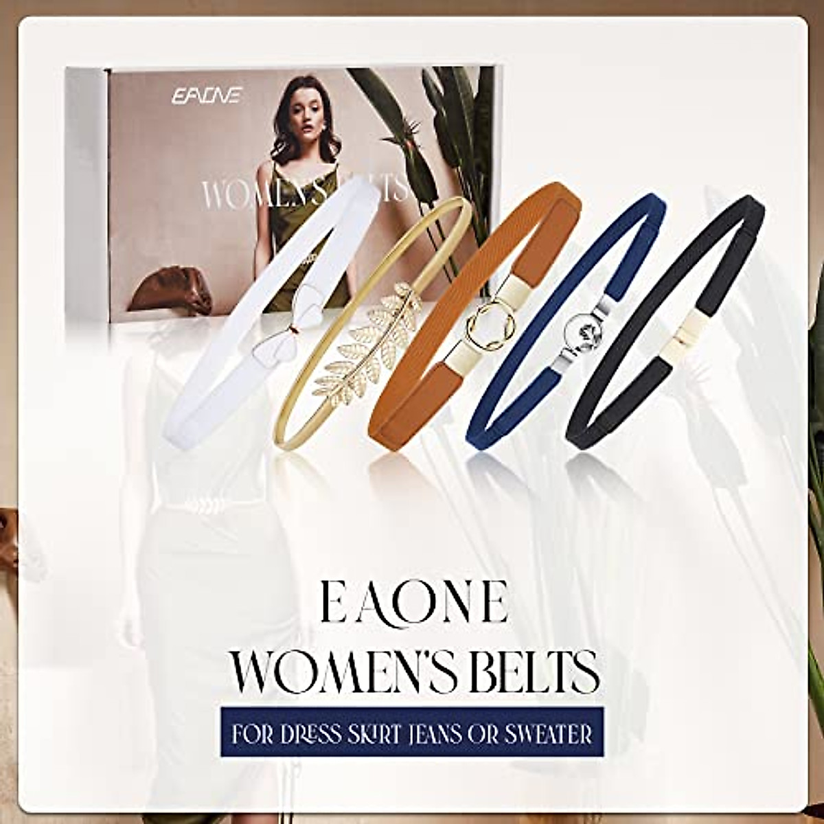 EAONE Skinny Waist Belts for Women 5 Pack, Fashion Stretchy Retro Elastic Leather Belts for Dresses