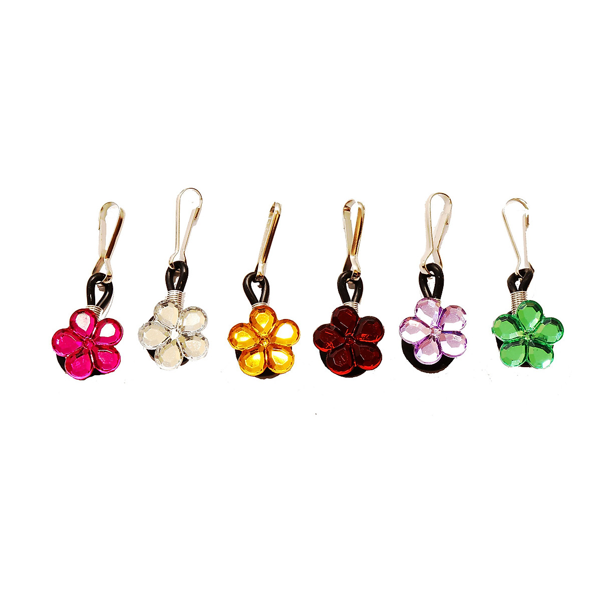 6 pcs Crystal Flowers Zipper Pull Charms for Jacket Backpack Bag Pendant